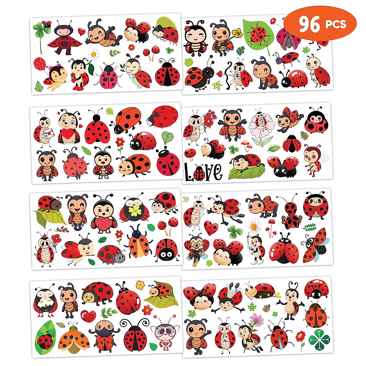 Ladybug Temporary Tattoos Sticker for Kids 8 Sheet (96 Pcs) Bug Themed Birthday Party Decorations Supplies Favors Gifts Ideas for Girls Boys Baby Showers Prizes Cute Beetle Tattoo Classroom Reward