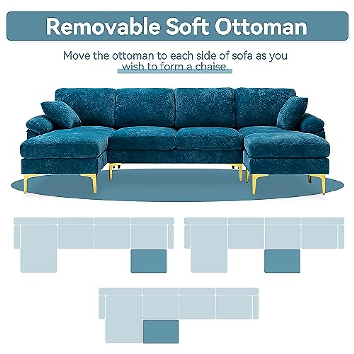 Olela Sectional Couch Velvet Upholstered U Shaped Modular Sectional Sofa with Golden Metal Legs for Living Room (Teal Blue)