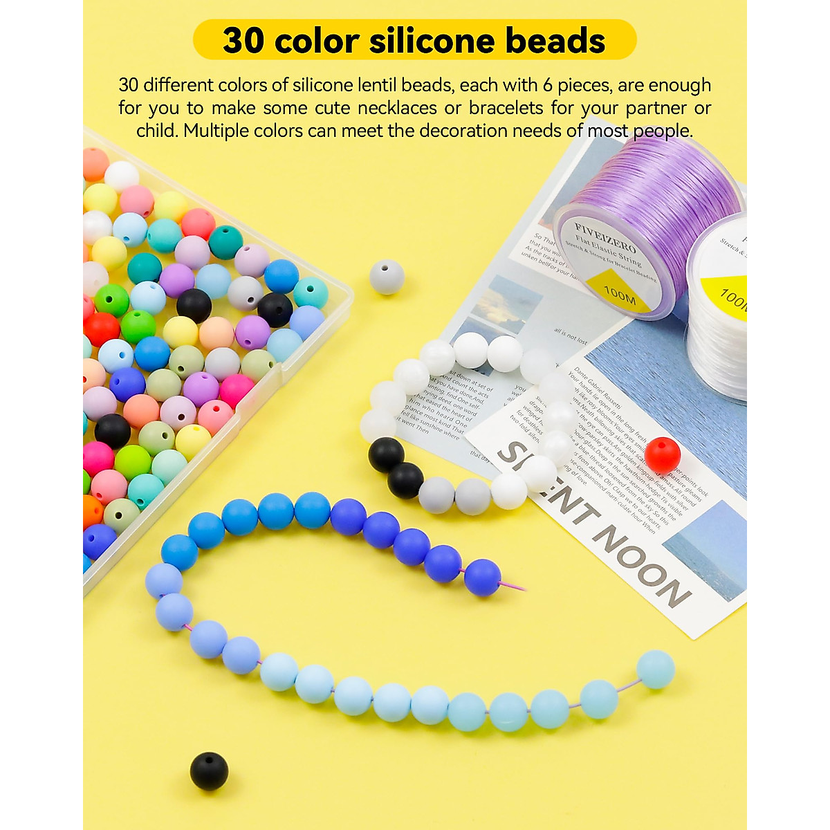 180PCS FIVEIZERO Silicone Beads, 30 Colors 12mm Silicone Beads Focal Beads Rubber Round Beads Mixed Color Silicone Lentil Beads Bulk for DIY and Keychain Accessories Silicone Beads Crafts Making