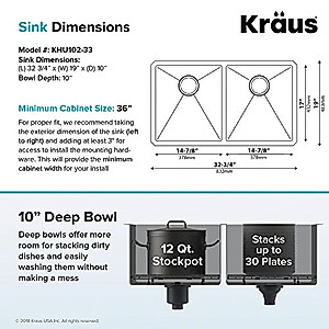 Kraus Standard PRO 33-inch 16 Gauge Undermount 50/50 Double Bowl Stainless Steel Kitchen Sink, KHU102-33