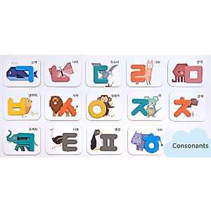 SSol & Sam Korean Alphabet Learning Toys – Hangul – Learn Korean for Kids, Toddlers and Beginners, Animal Pattern Board Matching Puzzle with Wooden Letters and Flash Cards