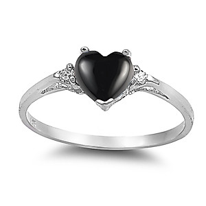 925 Sterling Silver Cabochon Natural Genuine Black Onyx Heart Promise Ring Size 8