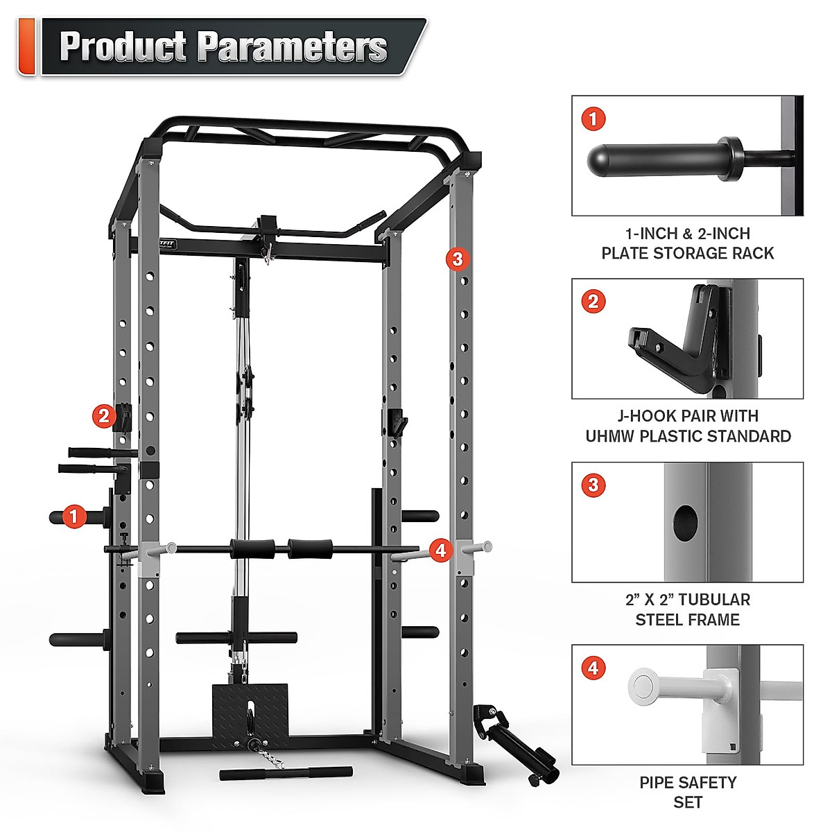 RitFit Power Cage with LAT Pull Down and 360° Landmine, 1000LB Capacity Power Rack Full Home Gym for Weightlifting, Come with J-Cups,Dip Bars and Other Attachments (2023 Version PPC02)-Grey