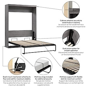 Pemberly Row Queen Size Wall Bed with Wooden Slats in Engineered Wood, in Gray, No Box Spring Needed, Easy Assembly