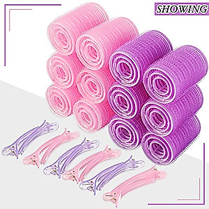 48 Pieces Self Grip Hair Rollers Set Self Holding Rollers No Heat Hair Curlers Hairdressing Curlers and Multicolor Plastic Duck Teeth Bows Hair Clips for DIY Hairdressing Salon Barber (Purple, Pink)
