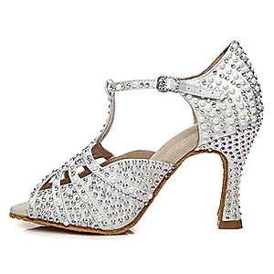 YKXLM Rhinestones Ballroom Dance Shoes Women Latin Salsa Dance Shoes T-Strap,L431-10,White,9.5 US