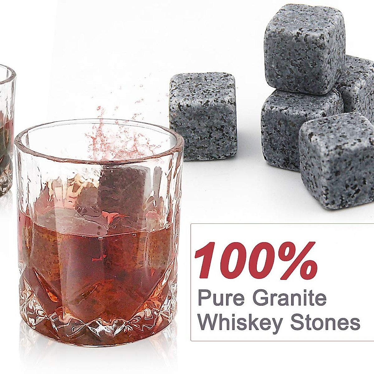 Whiskey Stones Glass Gift Set,16 Granite Whiskey Rocks,2 Crystal Whiskey Glasses & Velvet Bag Granite Chilling Rocks in Premium Wooden Box,Best Drinking Gifts for Men Dad Husband Birthday Party
