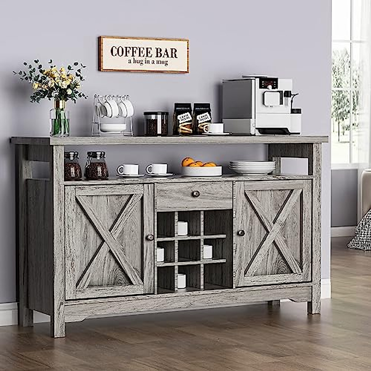 HOMBCK Wine Bar Cabinet, 47" Wine Cabinet with Barn Door, Wine and Glass Rack, Drawer, Adjustable Shelves, Farmhouse Wine Cabinet for Dining Room, Living Room, Washed Grey