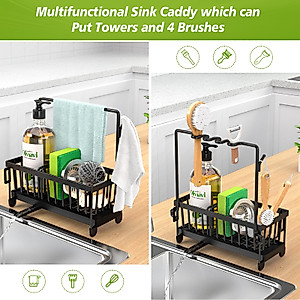 PKBD Kitchen Sink Caddy, Rustproof 304 Stainless Steel Sponge Holder for Kitchen Sink with Removable Drain Tray, Towel Holder and Brush Drainer Rack, Kitchen Organiser for Sink Tidy, Black