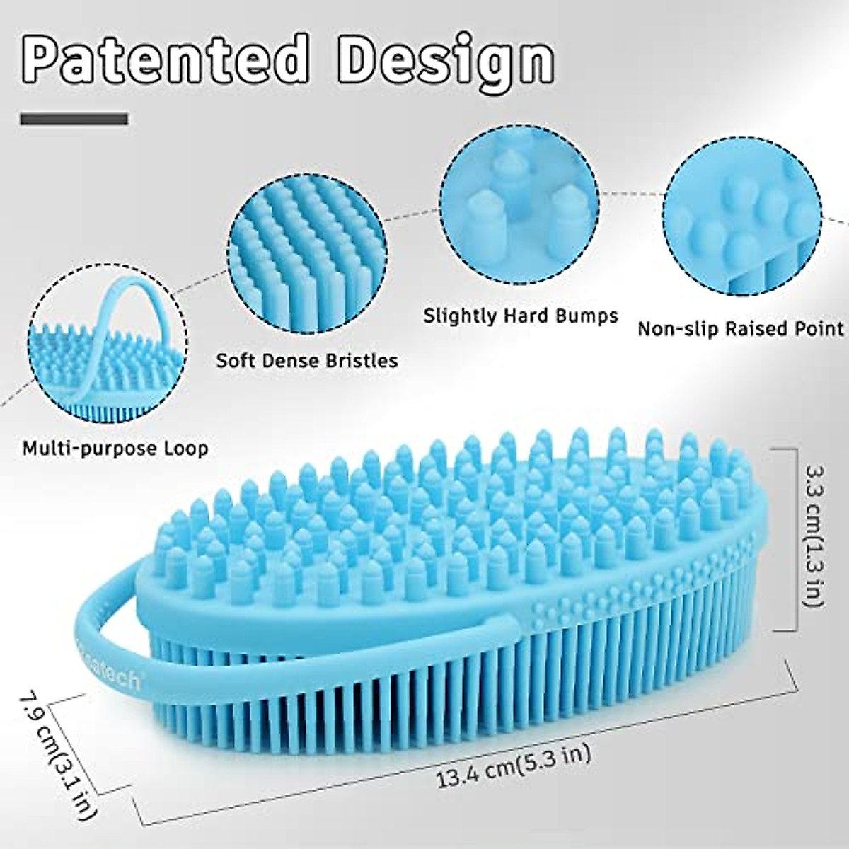 FREATECH Exfoliating Silicone Body Scrubber with Built-in Loop Handle, Dual-sided Bath Shower Body Brush for Deep Cleansing and Massage, Easy to Hold and Hang, Hygienic and Long-lasting, Light Blue