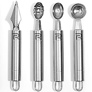 Riveira Melon Baller Scoop Set Stainless Steel 4-Piece Carving Knife Watermelon Cantaloupe Scooper for Cutting and Scooping Fruit Melons