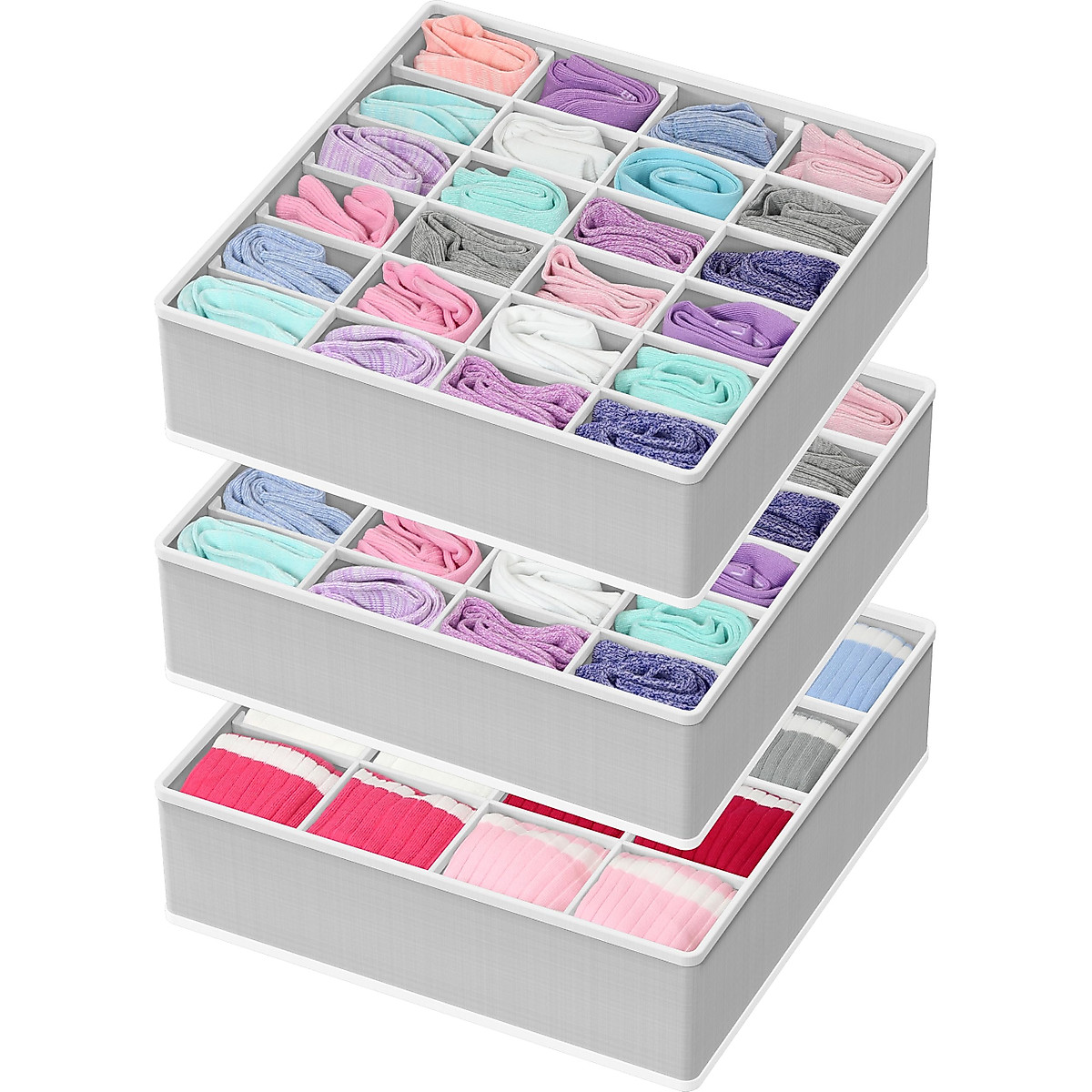 3 Pack - Simple Houseware Socks Underwear Drawer Organizer (24+24+16 cells), Grey