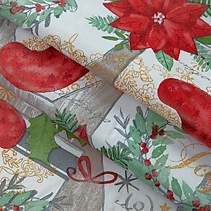Newbridge Merry Christmas Stocking Holiday Vinyl Flannel Backed Tablecloth - Noel Christmas Wreath, Festive Seasons Greetings Print Wipe Clean Easy Care Xmas Tablecloth, 60” x 102” Oblong/Rectangle