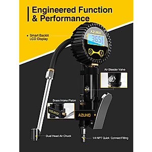 AZUNO Digital Tire Inflator with Pressure Gauge, 200 PSI, Heavy Duty Air Compressor Accessories, w/Rubber Hose Lock on Air Chuck and Quick Connect Coupler