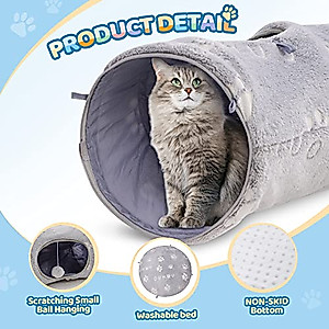 OUHOU Cat Tunnel Bed Tube with Plush Cover, Cat Tunnels for Indoor Cats, 3 Hanging Balls and 4 Peephole, Collapsible Self-Luminous Flannel Fabric for Large Cats, Bunny, Puppy