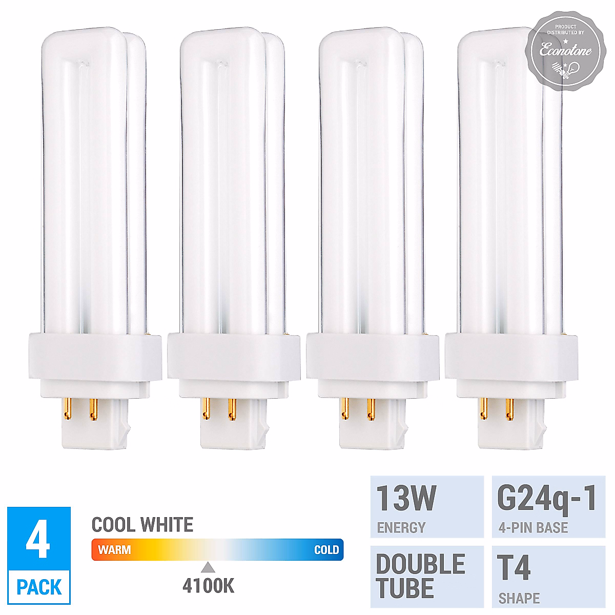 KOR (Pack of 4) 13 Watt Double Tube - G24Q-1 (4 PIN) Base - 4100K Cool White - CFL Light Bulb. Replaces Sylvania 20667 CF13DD/E/841 - Philips 38328-1 PL-C 13W/841/4P/ALTO and GE 97597 F13DBX/841/ECO4P