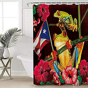 MuswannaA 4 Piece Shower Curtain Sets Puerto Rican Flag Frog with Colorful Hibiscus Flowers Non-Slip Rug, Toilet Lid Cover, Bath Mat Waterproof Shower Curtain Bathroom Sets with 12 Hooks Bath Decor