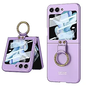 DOOTOO for Samsung Galaxy Z Flip 5 Case with Ring Holder Matte PC Built-in 9H Glass Screen Protector All-Inclusive Shockproof Case (Purple)