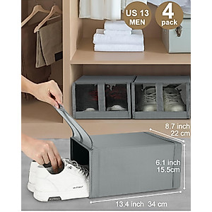 NEATJELAI Shoe Organizer for Closet Small Shoe Box Storage Containers Collapsible Stackable Breathable Shoe Storage Bins Suitable for Wardrobe Closet,4 Pieces-Gray