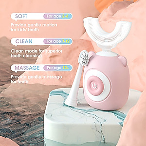 lululike Kids Electric U Shaped Toothbrush, Whole Mouth Toddler Electric Toothbrush, 360 Ultrasonic Automatic Toddler Toothbrush, Age 2-12 Pink, 3 Soft Bristles and 2 U Shaped Heads