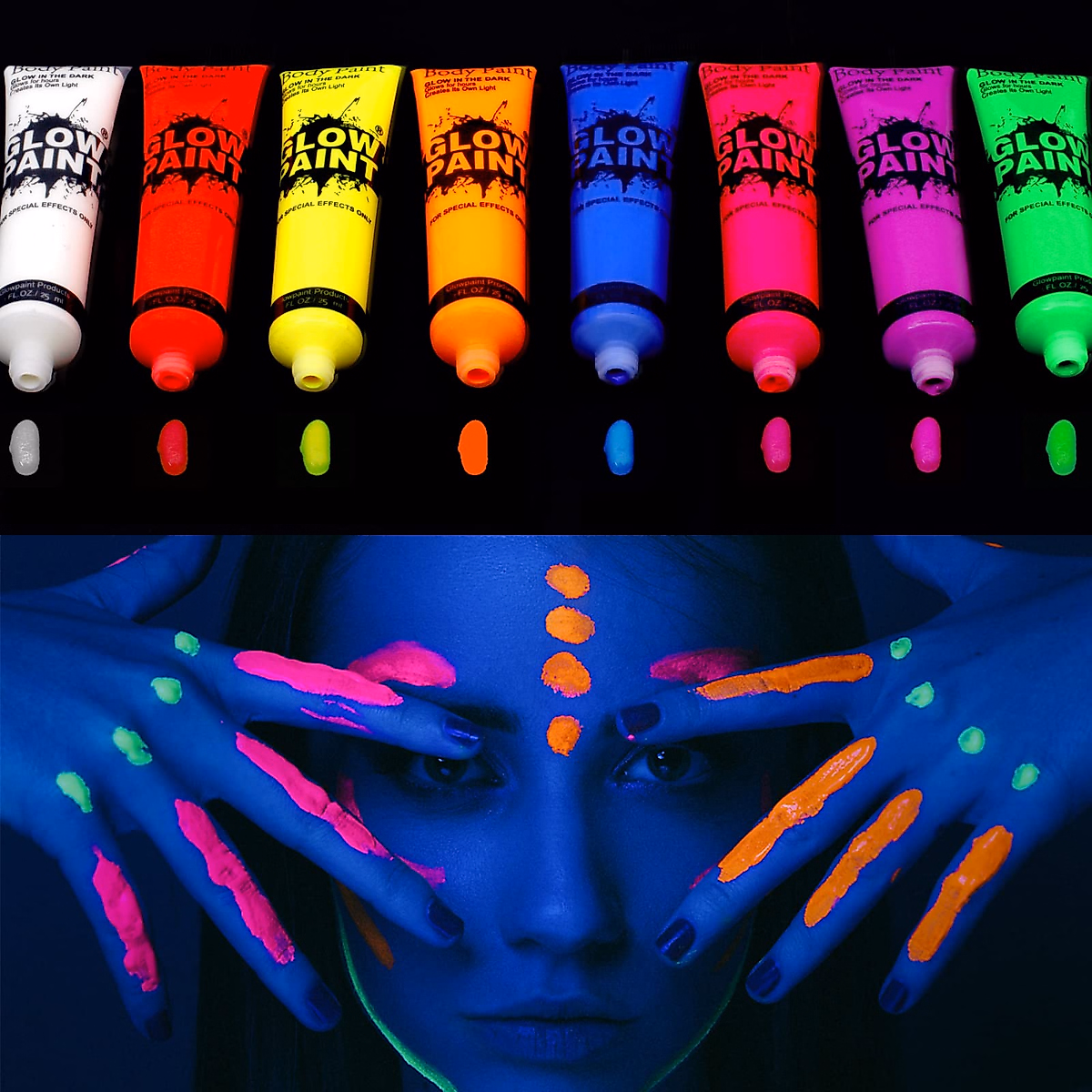 Lookmee Blacklight Neon Face and Body Paint , 0.84oz Set of 8 Tubes , Blacklight Neon Fluorescent