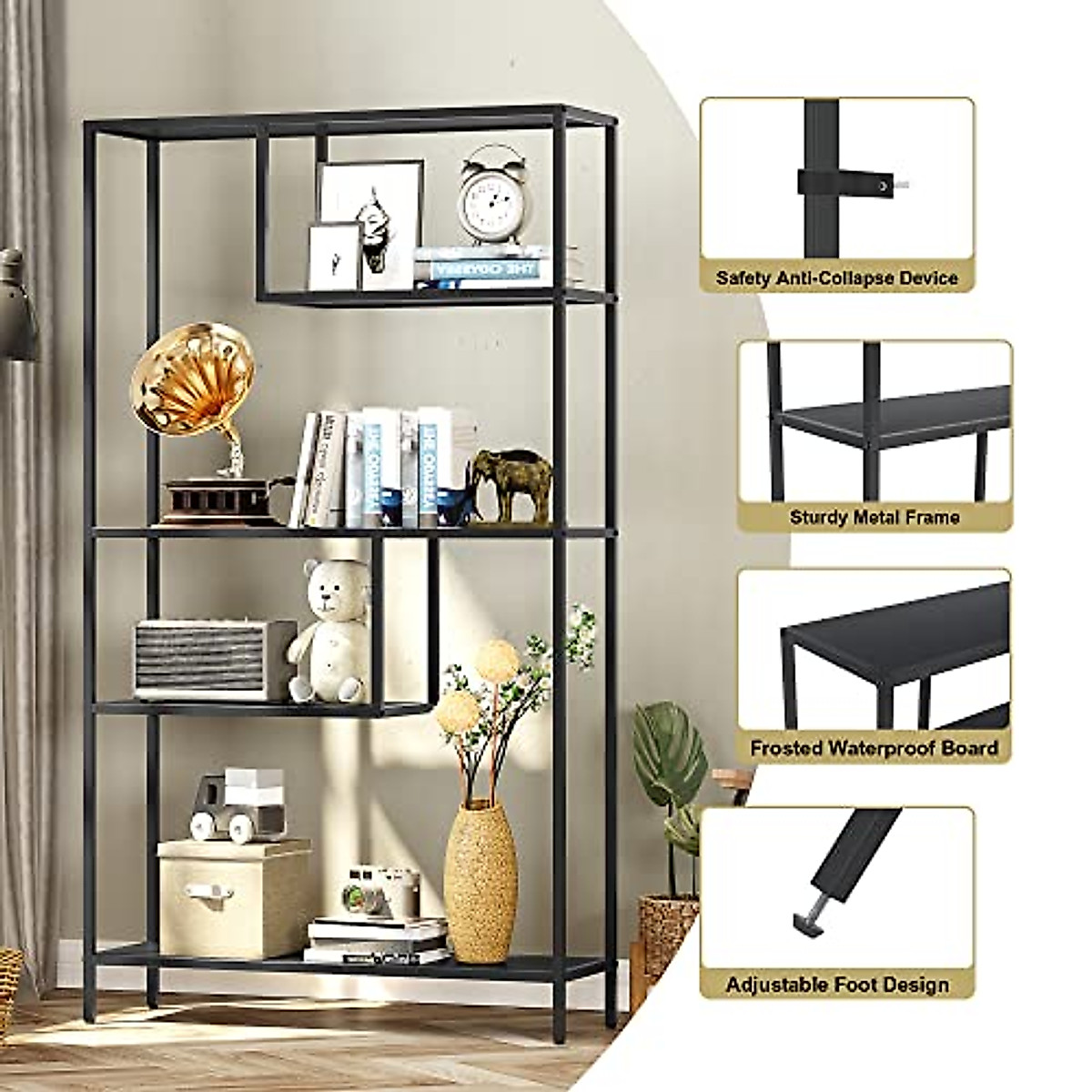 HOME BI Bookshelf,4 Tier Metal Frame Bookcase, Tall Book Shelf,Open Display Shelves for Office, Study Room, Living Room,Black 13" D x 39.37" W x 70.08" H