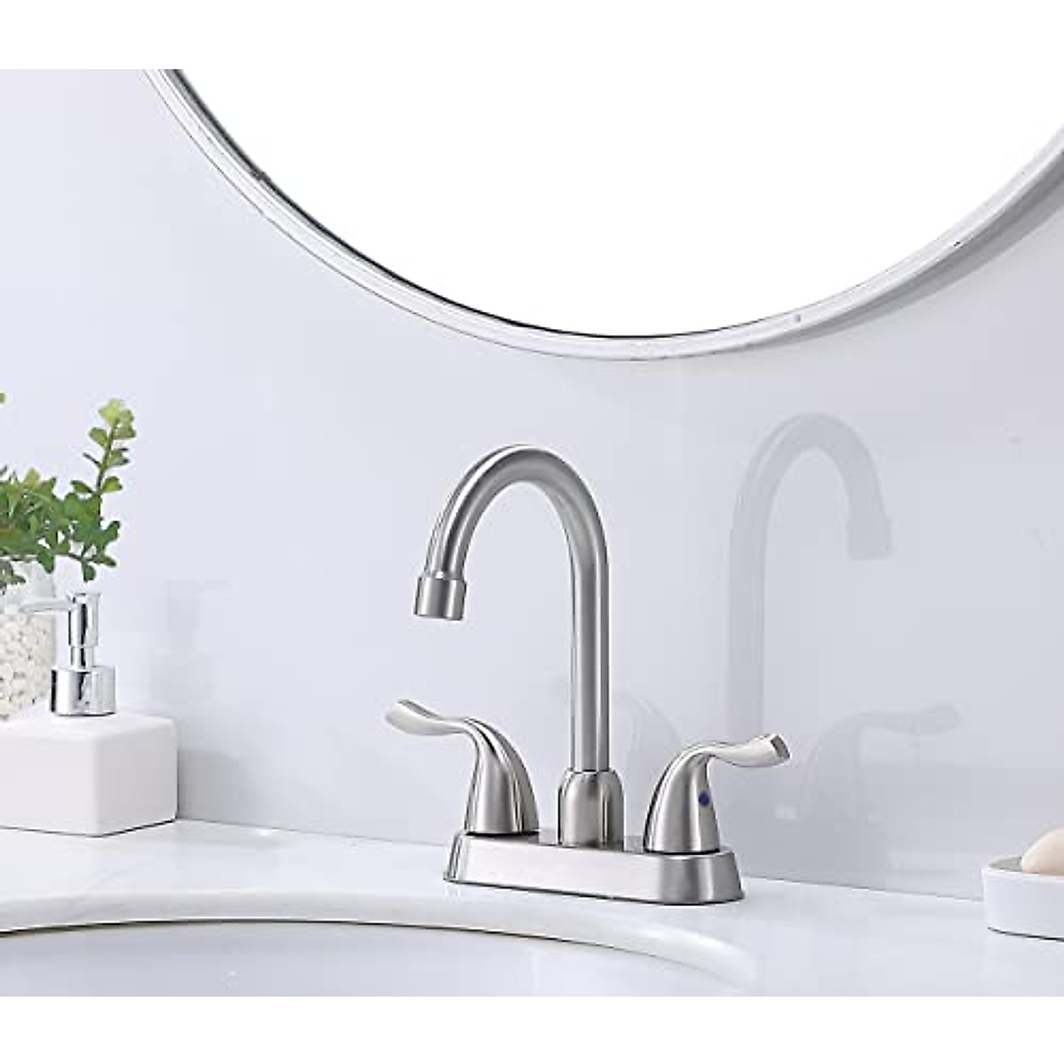HOTIS HOME Brushed Nickel Bathroom Sink Faucet, 2 Handle 4 Inch Centerset Bathroom Faucet, Small RV Bathroom Faucets for Sink 3 Hole, Camper Silver Stainless Steel Lavatory Vanity Bath Faucet