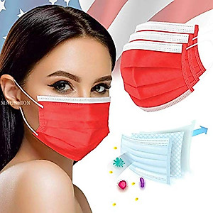 Magshion 50Pcs Disposable Face Cover 3-Ply Filter Non Medical Breathable Earloop Masks for Air Pollution (Red)
