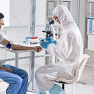 AMZ Disposable Coveralls with Hood, X-Large. Pack of 5 White Microporous Lab Coveralls Disposable. 60 GSM Painters Suit Disposable with Storm Flap Zipper Cover. Painters Suit Disposable. Hazmat Suit