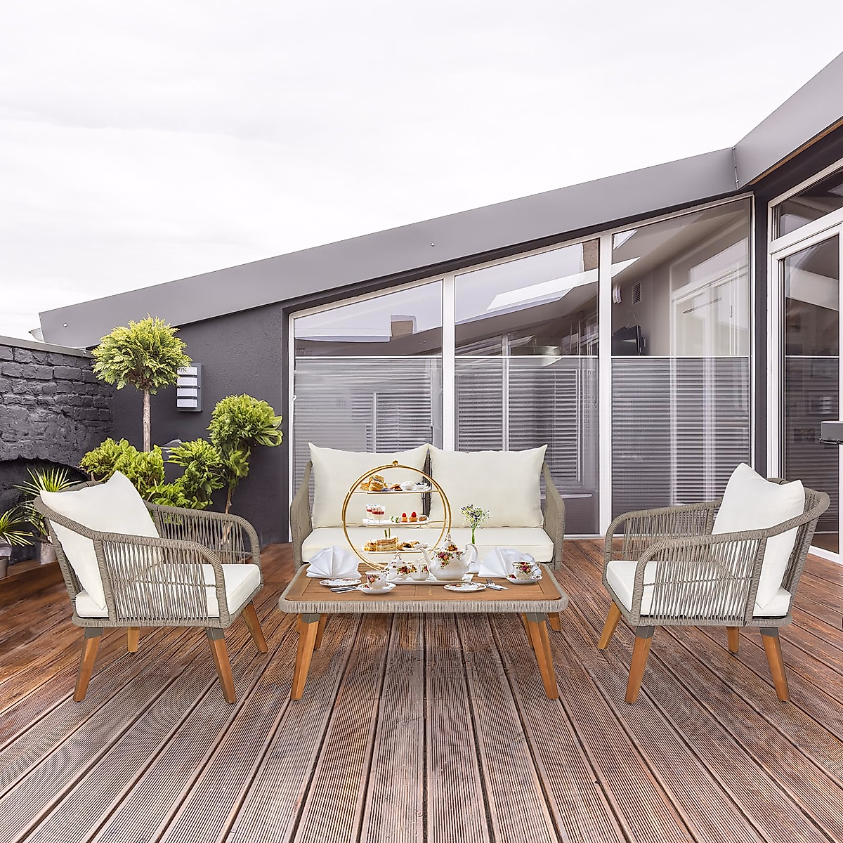 Outvita Patio Furniture 4pcs Outdoor Conversation Sofa Set with Gray Sofa&White Cushion Coffee Table, Loveseat and Single Chair for Backyard Garden Terrace Balcony