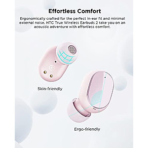 HTC True Wireless Earbuds 2 Bluetooth 5.1 with USB-C Charging Case, 32-Hour Playtime, Built-in Microphone, Touch Control Wireless Earbuds- Pink
