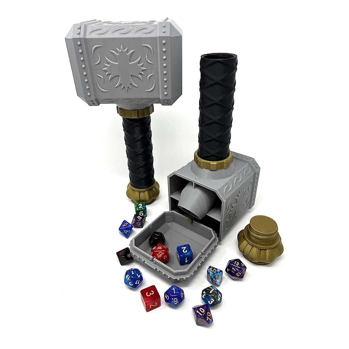 MunnyGrubbers - Hammer Dice Tower - (Random 7PCS D20 Dice Set Included) - Dice Holder - Dice Roller - Tabletop RPG Accessory - Dungeons and Dragons - DND - D&D - (Silver)
