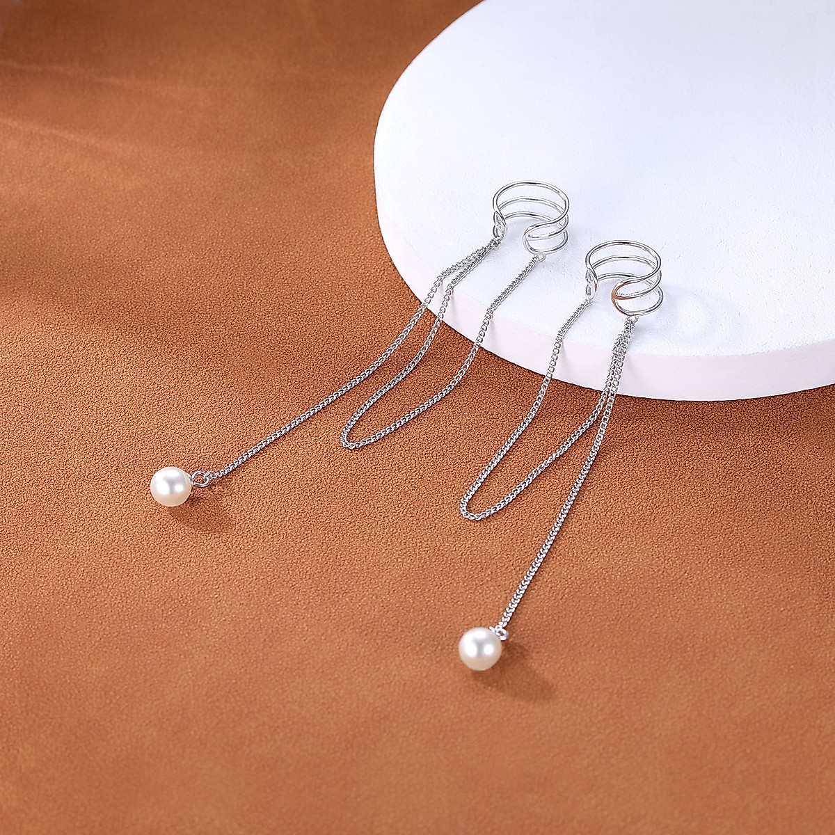 SLUYNZ 925 Sterling Silver No Piercing Cuff Earrings Chain for Women Wrap Earrings Pearl Tassel Clip On Ear (A-Silver1)