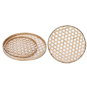 (Only by Bulk)100% Handwoven Flat Wicker Round Fruit Basket Woven Food Storage Weaved Shallow Tray Bin Vegetable Organizer Holder Bowl Decorative Rack Display (Only More Than 5Pcs) (30cm/11.8")