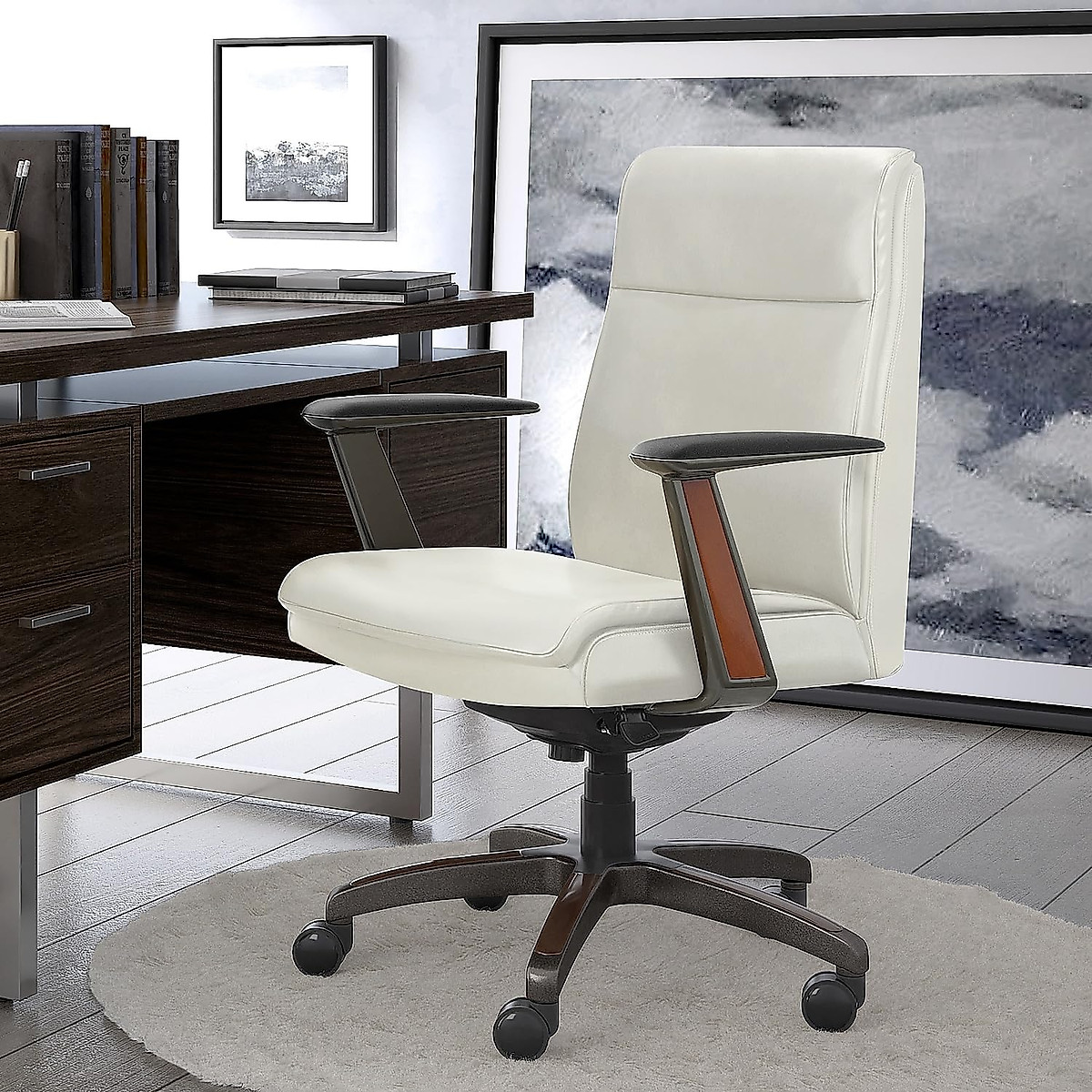 La-Z-Boy Dawson Modern Executive Office, Adjustable High Back Ergonomic Computer Chair with Lumbar Support, White Bonded Leather with Wood Inlay