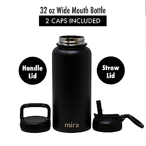 MIRA Water Bottle with Straw and Handle Lid Vacuum Insulated Stainless Steel Metal Thermos Bottle - Reusable Leak Proof Keep Cold Sports Flask - 32 oz, 2 Lids, Black
