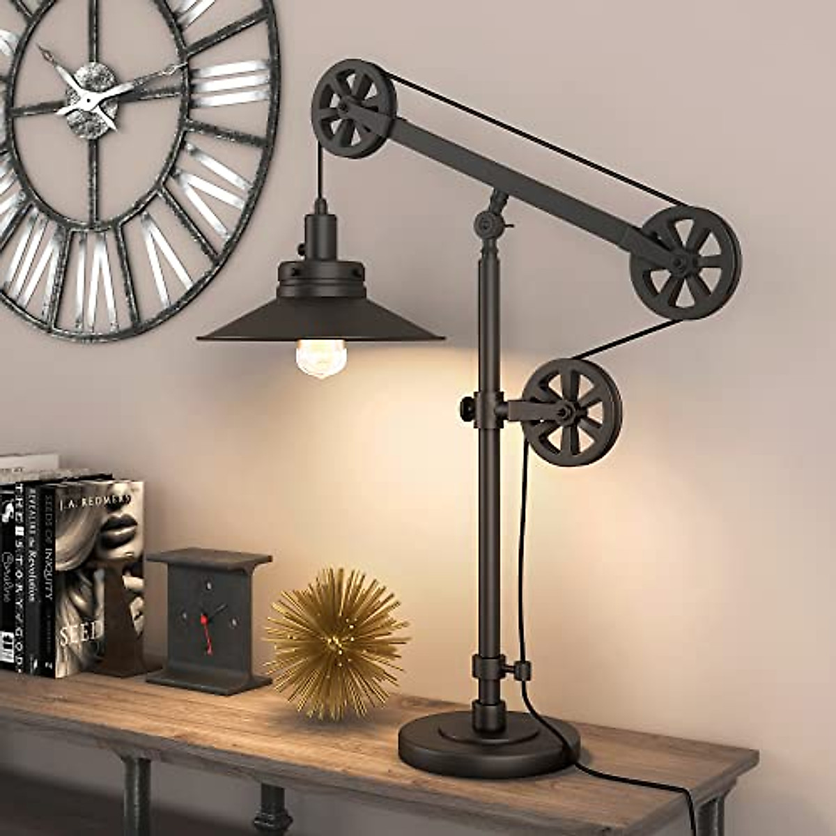 Henn&Hart 29" Tall Wide Brim/Pulley System Table Lamp with Metal Shade in Blackened Bronze/Blackened Bronze, Laptop Desk, Computer Desk, Home Office