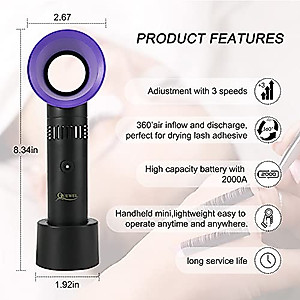 QUEWEL Eyelash Fan for Lash Extension Bladeless Fan Handheld Lash Extension Fan Dryer Mini Fan Air Conditioning Blower Eyelash Extension Supplies Drying Lash Glue (Purple)