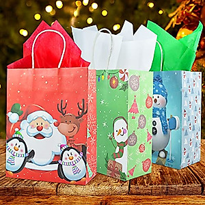 24 pcs Christmas Kraft Gift Bags with 24 Tissue Papers, Holiday Paper Gift Bags,Party Favors Goody Bags, Xmas Presents, Classrooms and Wrapping Stocking Stuffers (Merry Christmas A)