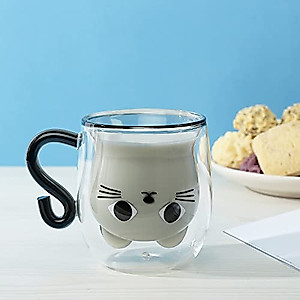 Phitihui Cat Mugs, Double Wall Glass Cute Coffee Tea Cup, Graduation Valentines Mothers Day Easter Halloween Christmas Gifts for Women Wife Mum Her Girl Teacher Friend, Birthday Present Idea (Black)