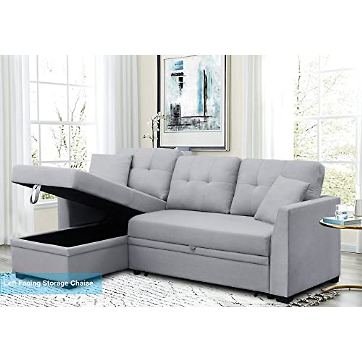 Sleeper Sectional Sofa Pull Out Sofa Bed for Small Spaces Small Sectional Couch Bed for Living Room with Storage Chaise for Apartment Bedroom,Guest Room, Grey