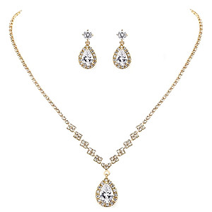 Unicra Bride Crystal Necklace Earrings Set Bridal Wedding Jewelry Sets Rhinestone Choker Necklace Prom Costume Jewelry Set for Women and Brides(Gold)