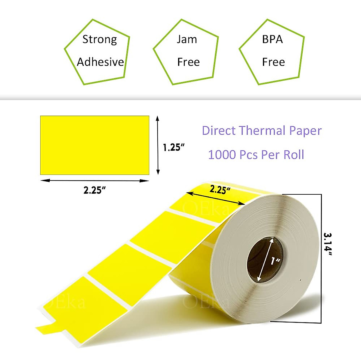 OEka 2.25" X 1.25” Direct Thermal Labels Barcode Address Labels 1000Pcs/Roll Compatible with Rollo & Zebra Desktop Printers (1 ROLL, Yellow)