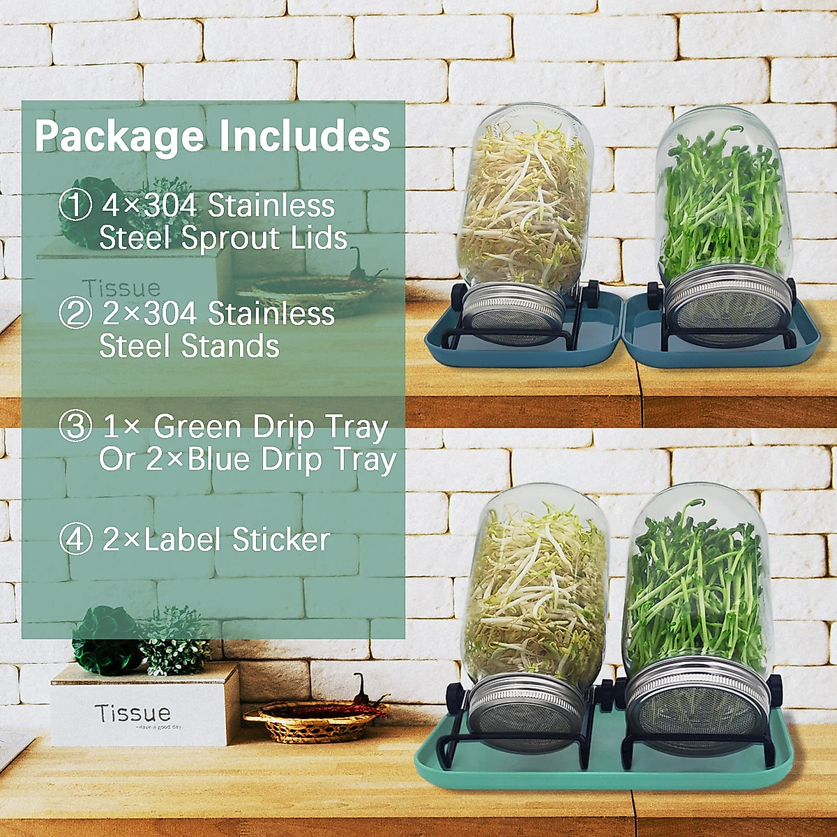 Guyemnat Sprouting Kit, 4 PCS Stainless Steel Sprouting Lids for Regular and Wide Mouth Mason Jars, 2 Sprouting Stands,Sprouting Tray,Label sticker,Sprouts Growing Kit (Not Include Mason Jar)