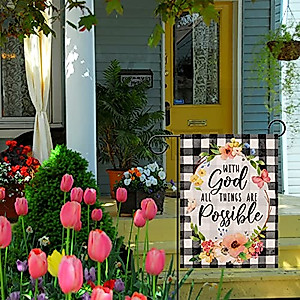 Furiaz With God All Things are Possible Easter Religious Small Decorative Garden Flag, Spring Inspirational Faith Yard Buffalo Plaid Check Outside Decoration, Summer Outdoor Decor 12x18