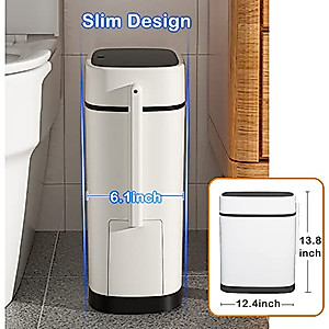 COMODID 3.7 Gallons Bathroom Trash Can with Toilet Brush Holder 14 Liter White Plastic Garbage Can with Black Locking Press Top Lid | Dogproof Slim Rectangular Trash Bin for Toilet, Black lid