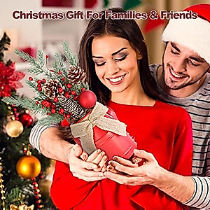 Qingbei Rina Artificial Christmas Centerpiece Decoration,Mini Red Christmas Tree Potted Plants,Holiday Table Fake Greenery with Christmas Ball, Pine, Berry for Home,Office, Window, Fireplace