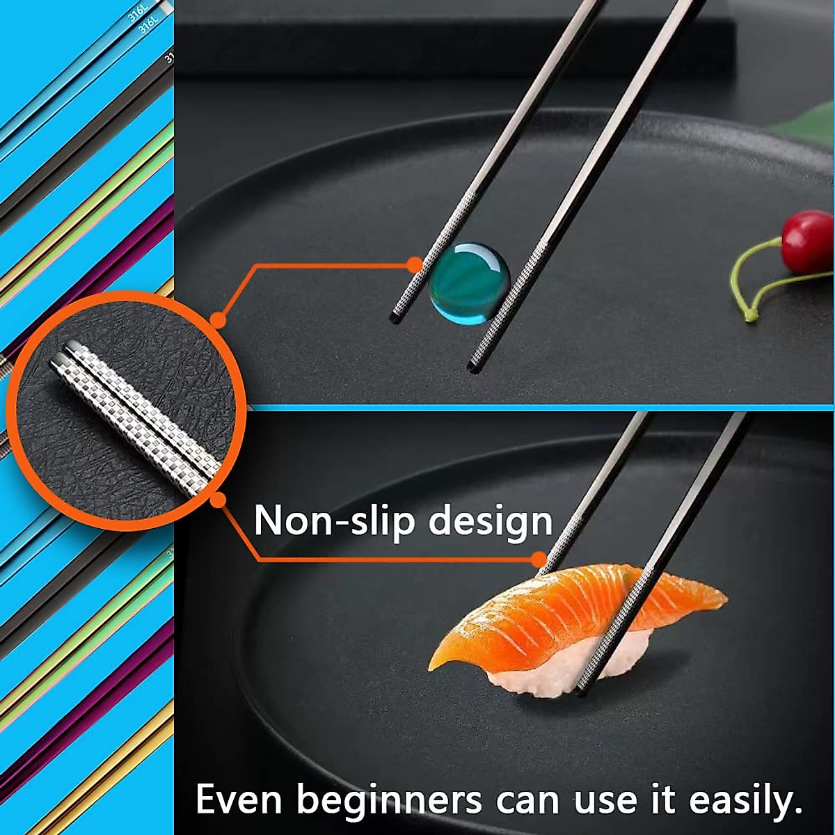 Hvanam 5 PaIrs Color 316 Stainless Steel 18/10 Reusable Chopsticks Set With Case Rainbow Multicolor Non-Slip Chopsticks Black Purple Gold Colored Blue For Dining Sushi Noodle Hot Pot,Dishwasher Safe