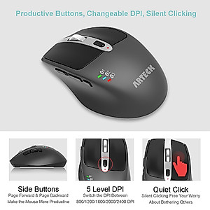 Arteck Multi-Device Wireless Bluetooth Mouse Ergonomic Silent Clicking Backward Forward for Desktop PC Laptop Mac iPad Build in Rechargeable Battery