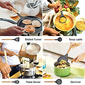 LIANYU 38 Pcs Kitchen Cooking Utensils Set with Holder, Heat Resistant Silicone Kitchen Utensil Spatula Set, Kitchen Gadgets Tools Set for nonstick Cookware Set, Wooden Handle, Grey